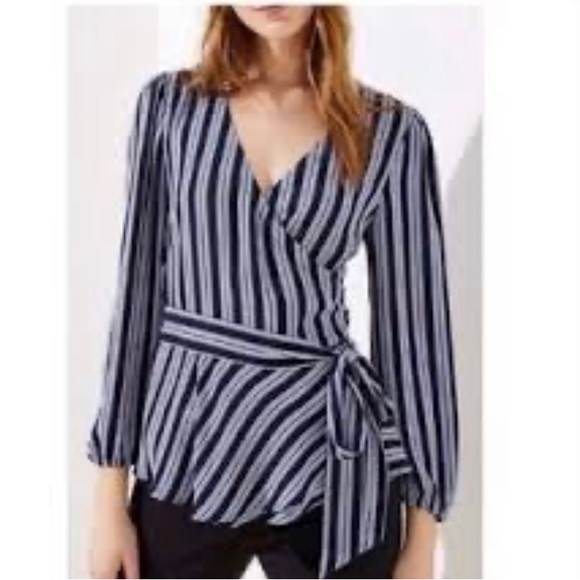 LOFT | Tops | New Loft Blue White Striped Blouse Flowy Fit Vneck With ...
